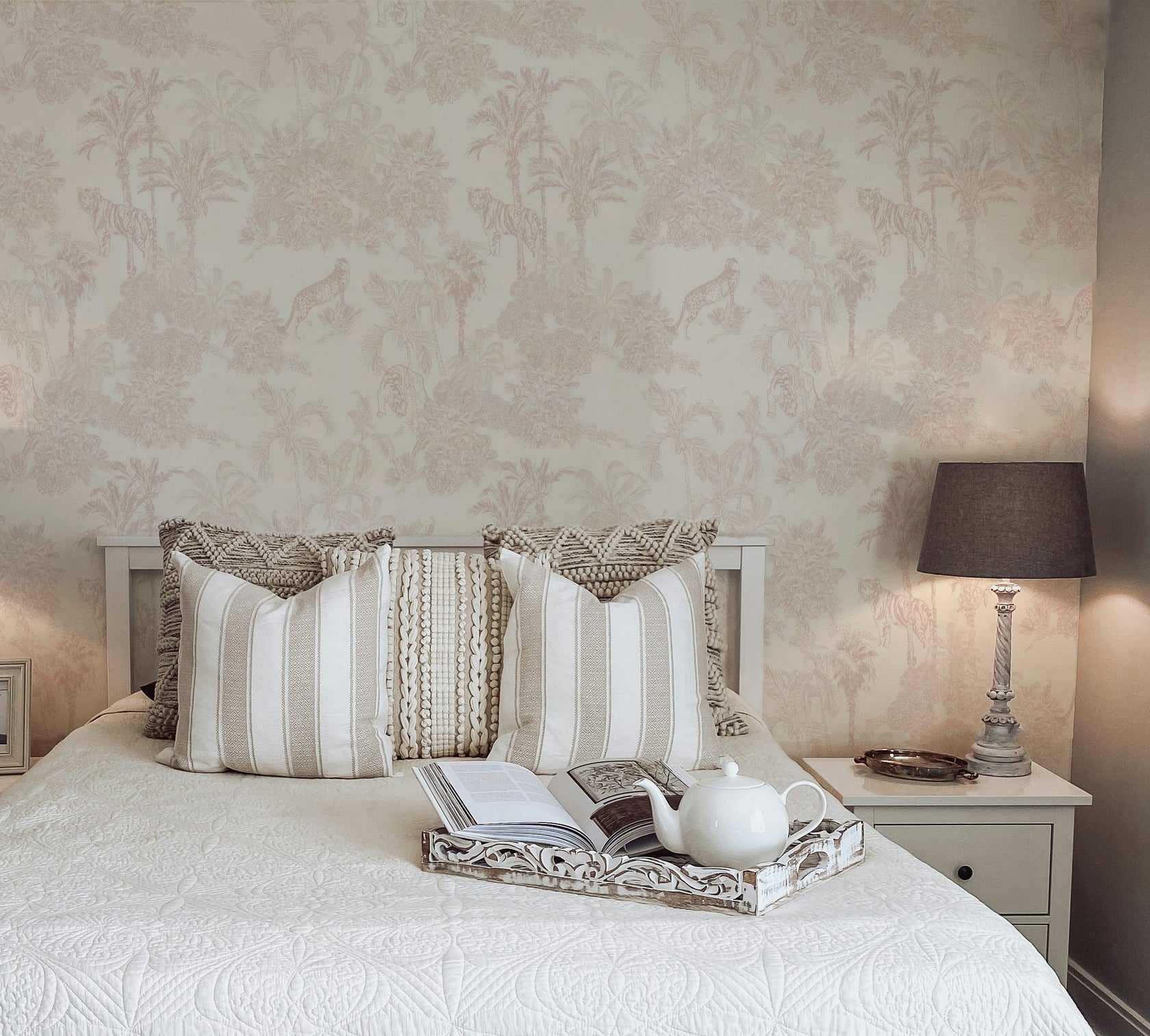 Elegant Beige Toile De Jouy Peel and Stick Wallpaper Forest Tiger & Leopard