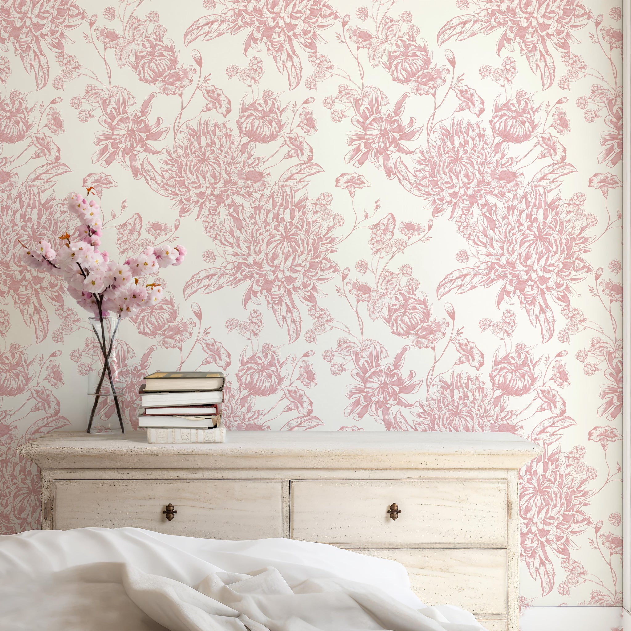 Pink and White Floral Toile Peel and Stick Wallpaper French Country