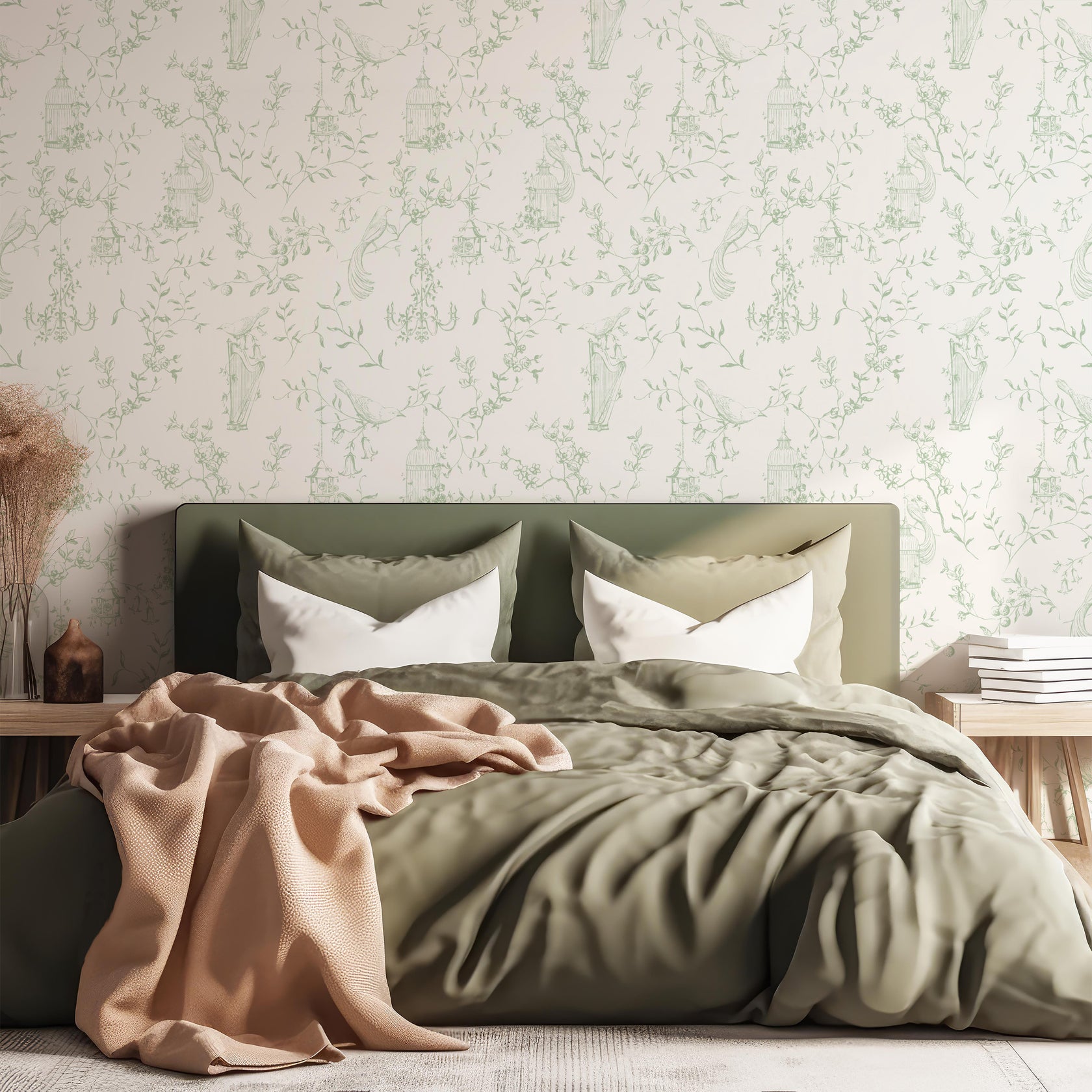 Green and White Botanical Toile Peel and Stick Wallpaper Farmhouse