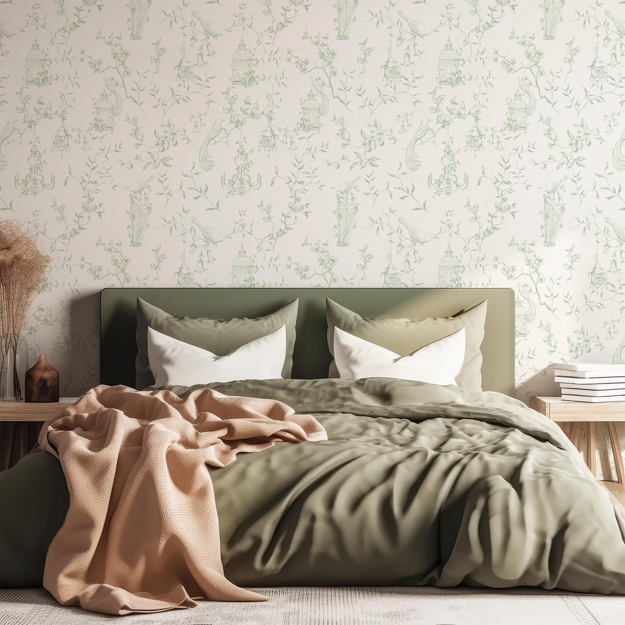 Green and White Botanical Toile Peel and Stick Wallpaper Farmhouse