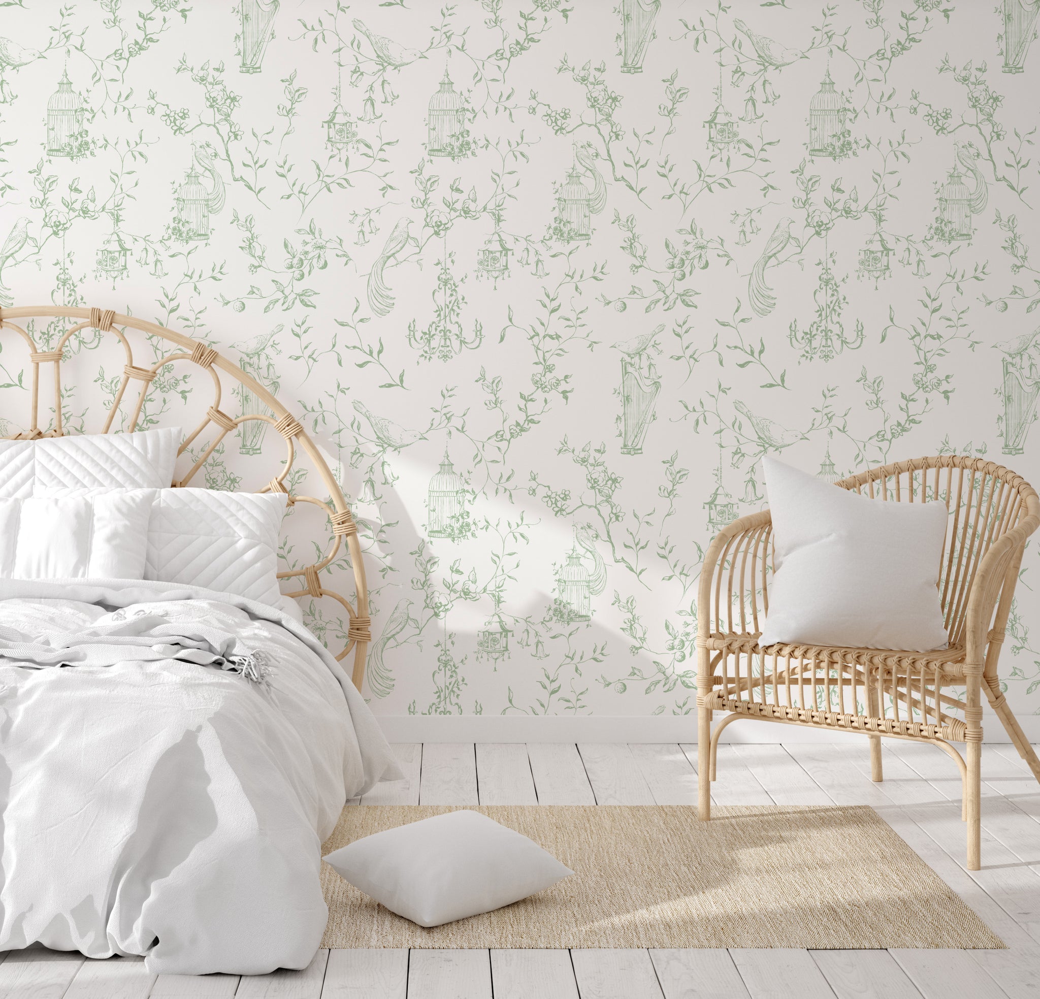 Green and White Botanical Toile Peel and Stick Wallpaper Farmhouse