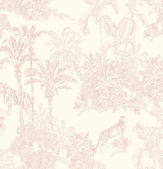 Elegant Beige Toile De Jouy Peel and Stick Wallpaper Forest Tiger & Leopard