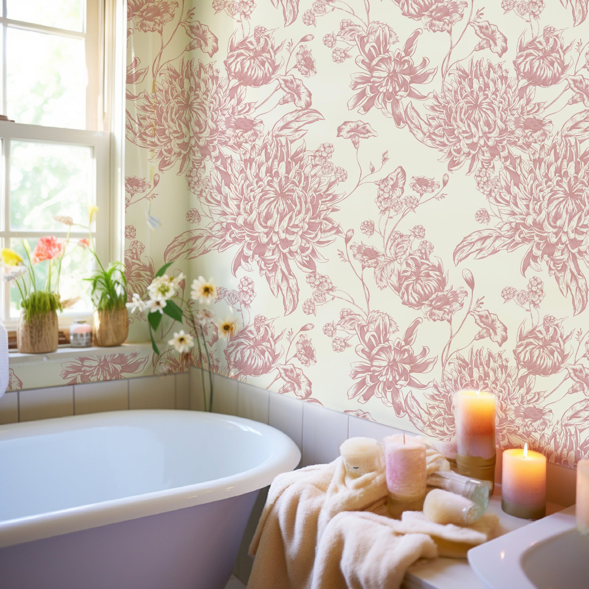 Pink and White Floral Toile Peel and Stick Wallpaper French Country