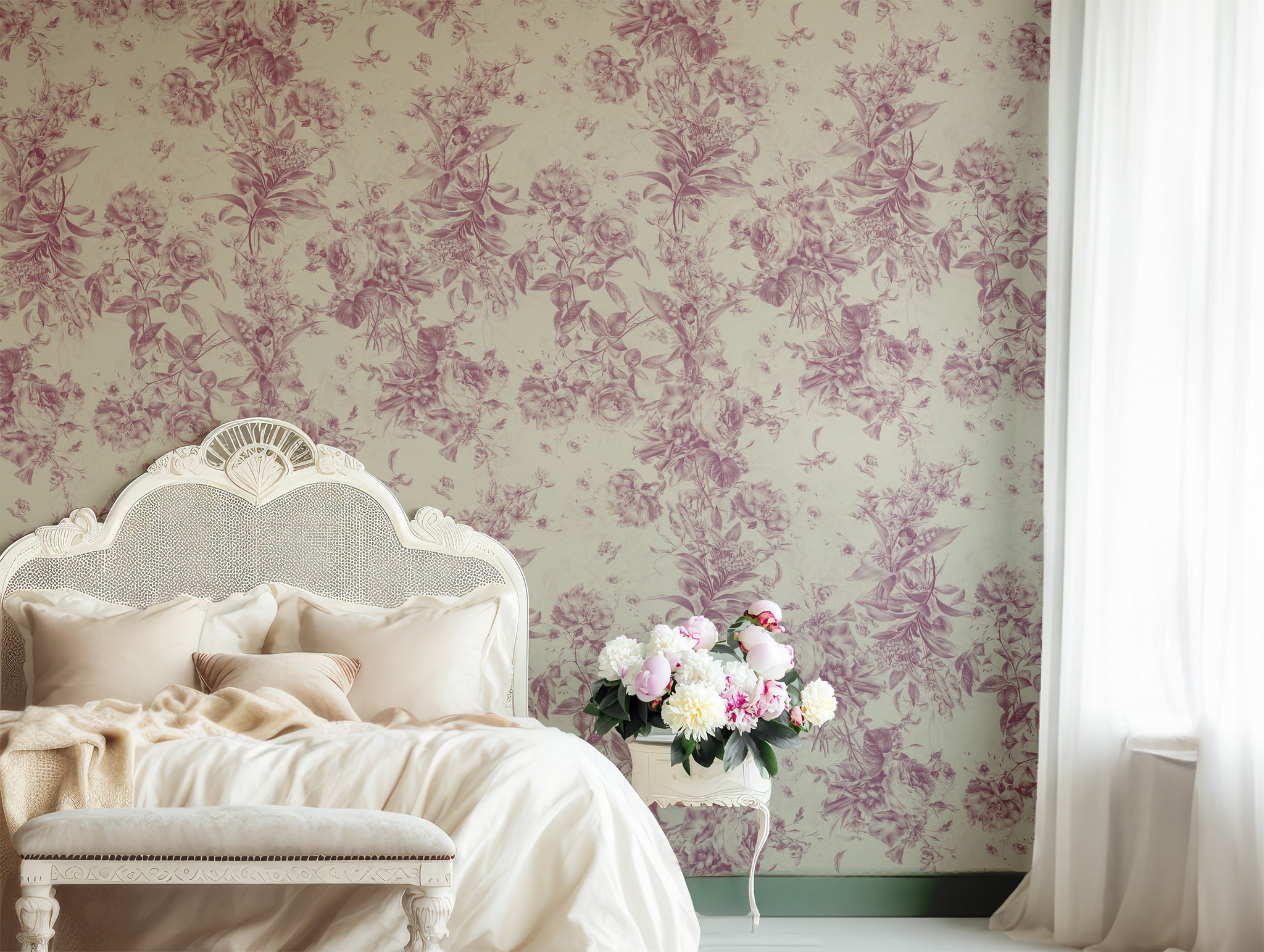Purple Vintage Floral Toile French Country Peel and Stick Wallpaper