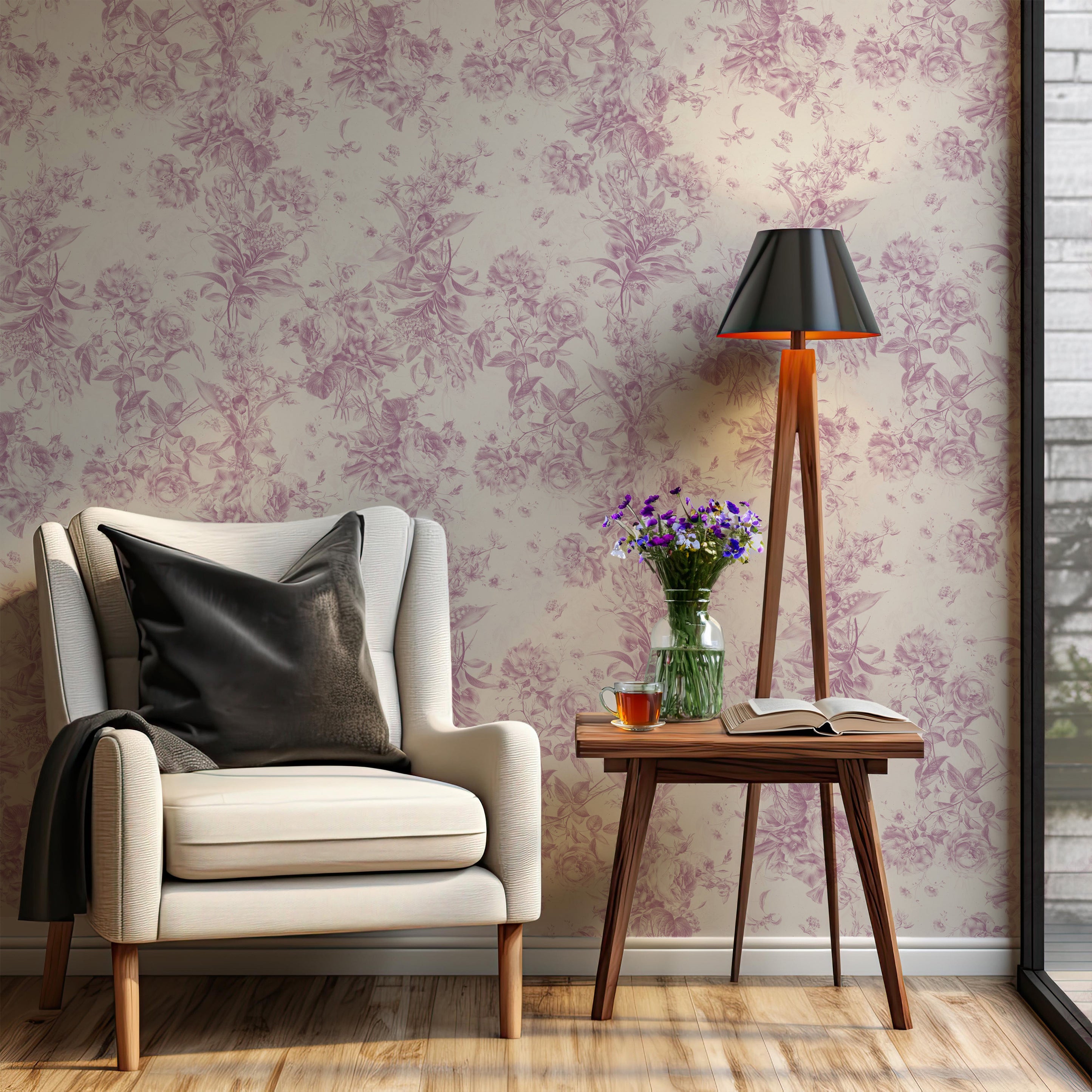 Purple Vintage Floral Toile French Country Peel and Stick Wallpaper
