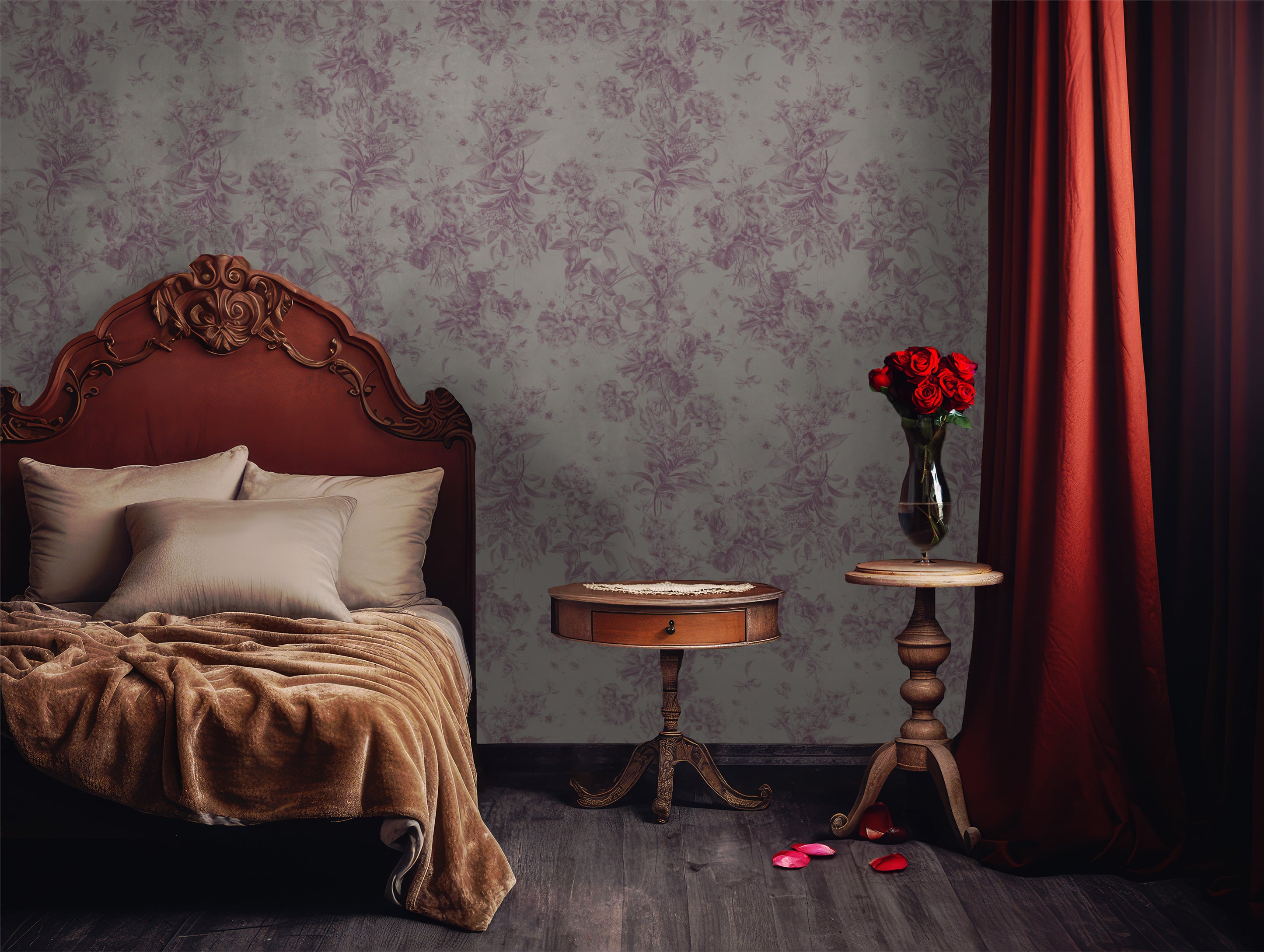 Purple Vintage Floral Toile French Country Peel and Stick Wallpaper